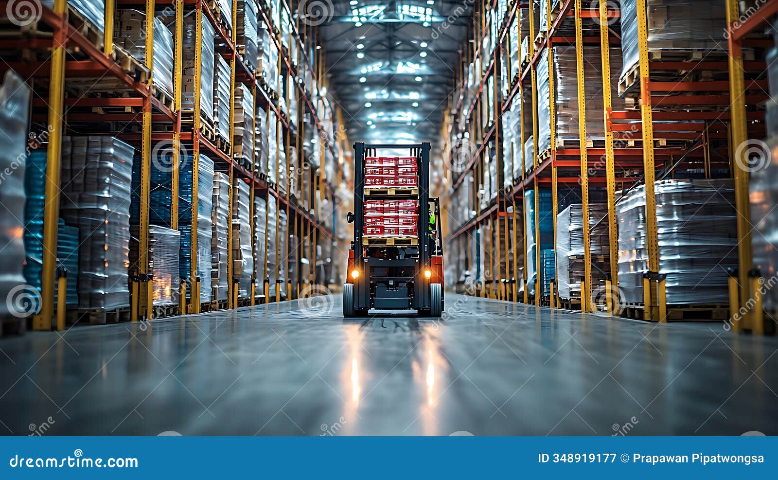 Forklift Transporting Stacked Pallet in Spacious Warehouse, Showcasing ...