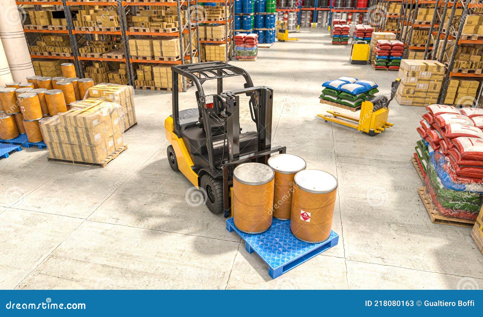 Barrels, Cardboard Boxes Or Wooden Crates Are Next To Lorry For Loading ...