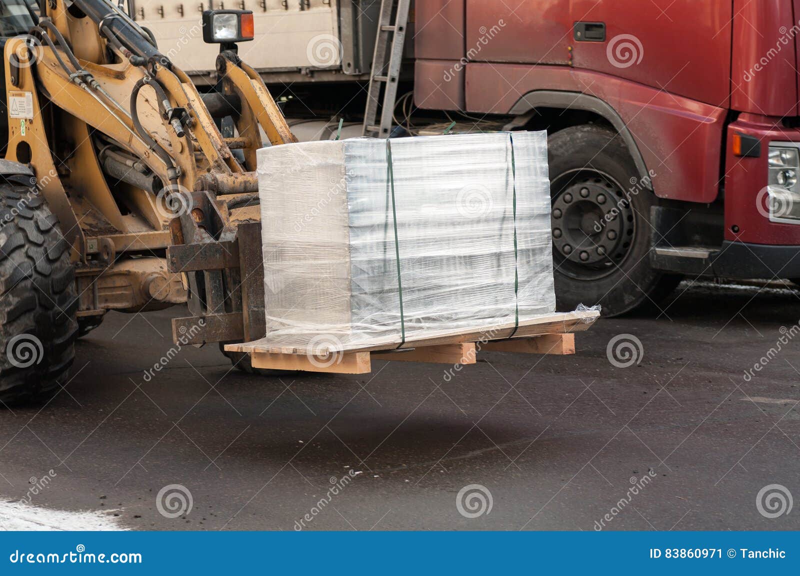 Forklift Transports the Pallet with the Load Stock Image - Image of ...