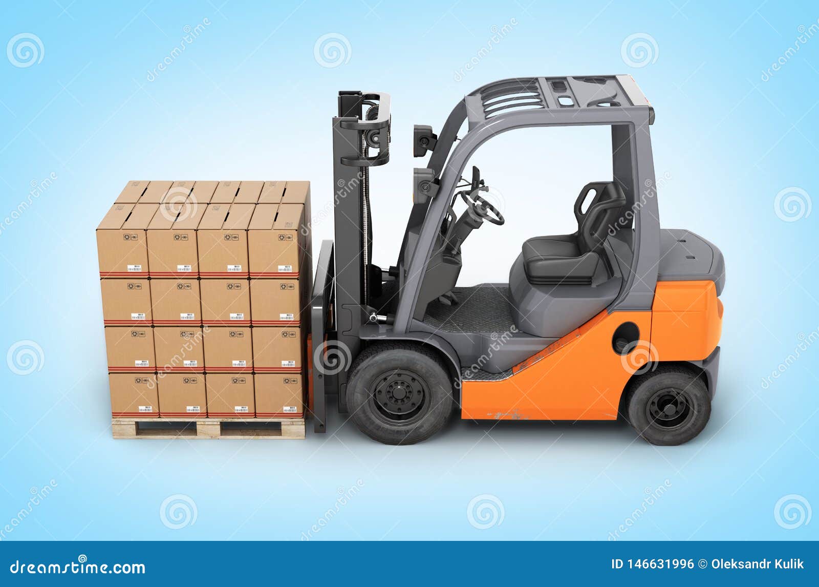 Forklift Truck with Boxes on Pallet Side View on Blue Gradient ...