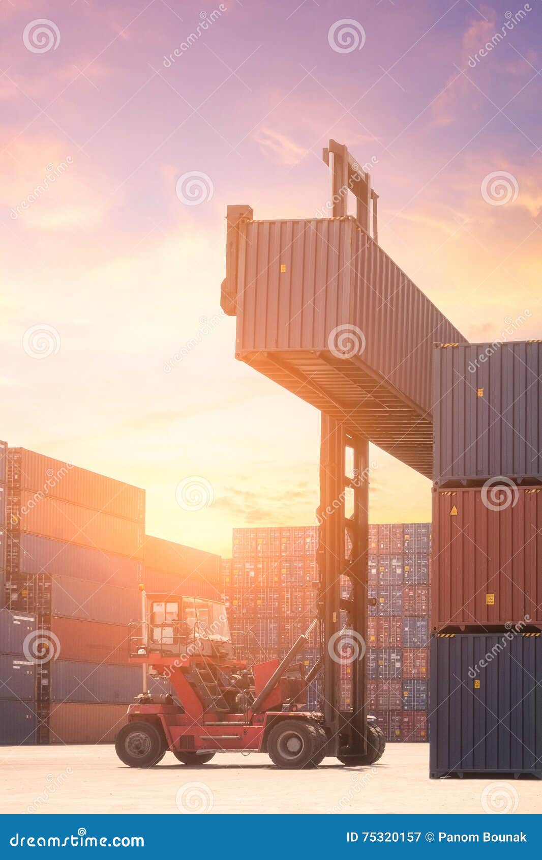Forklift Truck Lifting Cargo Container in Shipping Yard Stock Image ...