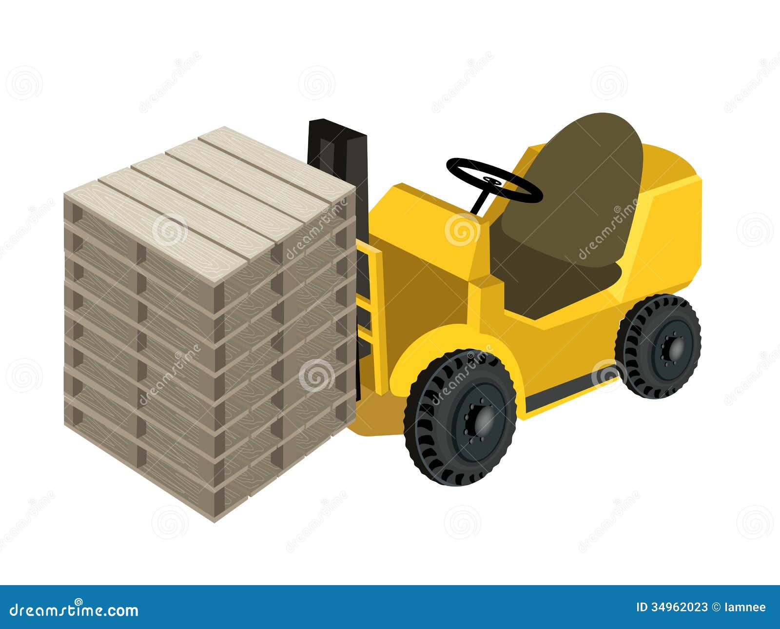 A Forklift Truck Loading Stack Of Wood Pallets Cartoon Vector ...