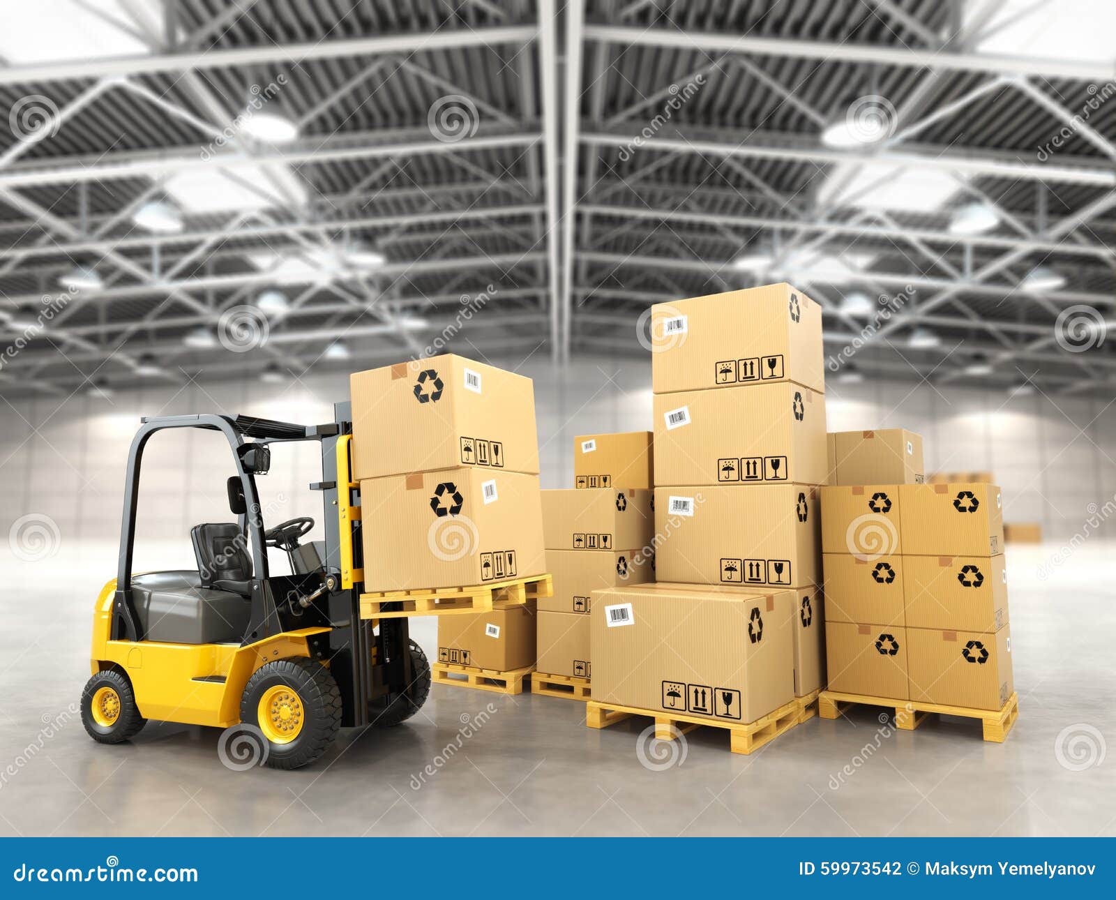 Forklift Truck in Warehouse or Storage Loading Cardboard Boxes. Stock ...