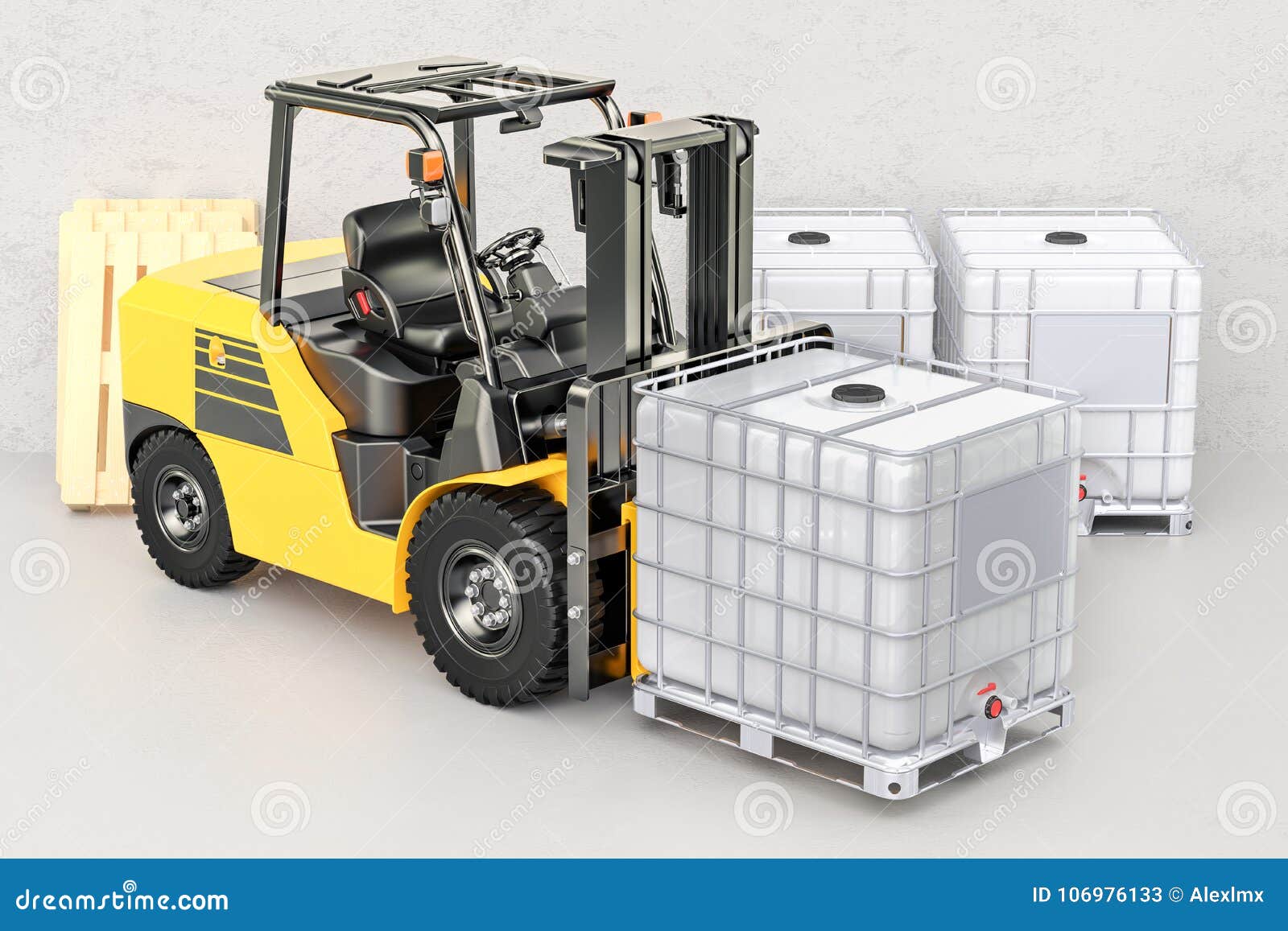 Forklift Truck with White Intermediate Bulk Container, 3D Render Stock ...