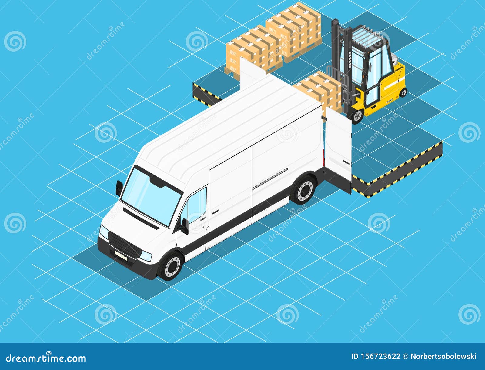 Unloading Of Sea Cargo Containers By A Forklift. Cartoon Vector ...