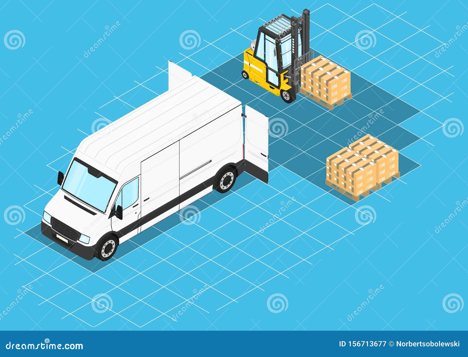 Unloading Of Sea Cargo Containers By A Forklift. Cartoon Vector ...
