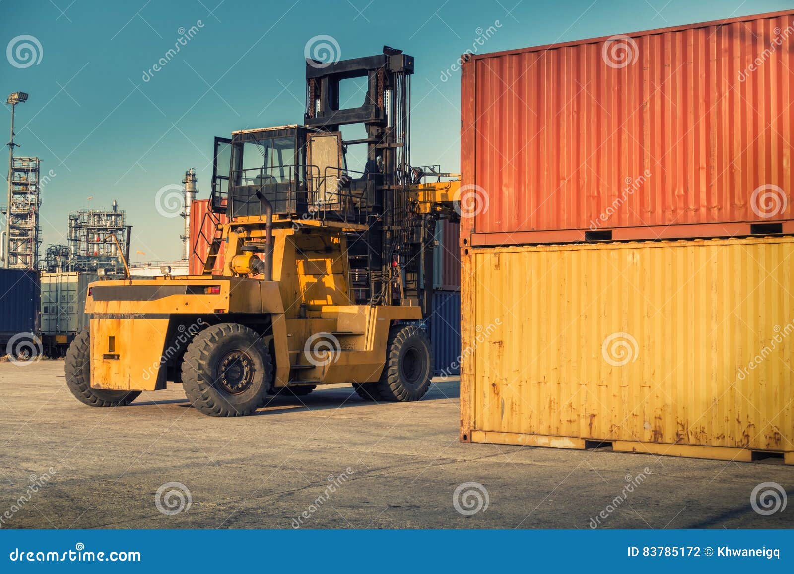 Forklift Unloading and Container Stack in Yard Cargo Shipping. , Heavy ...