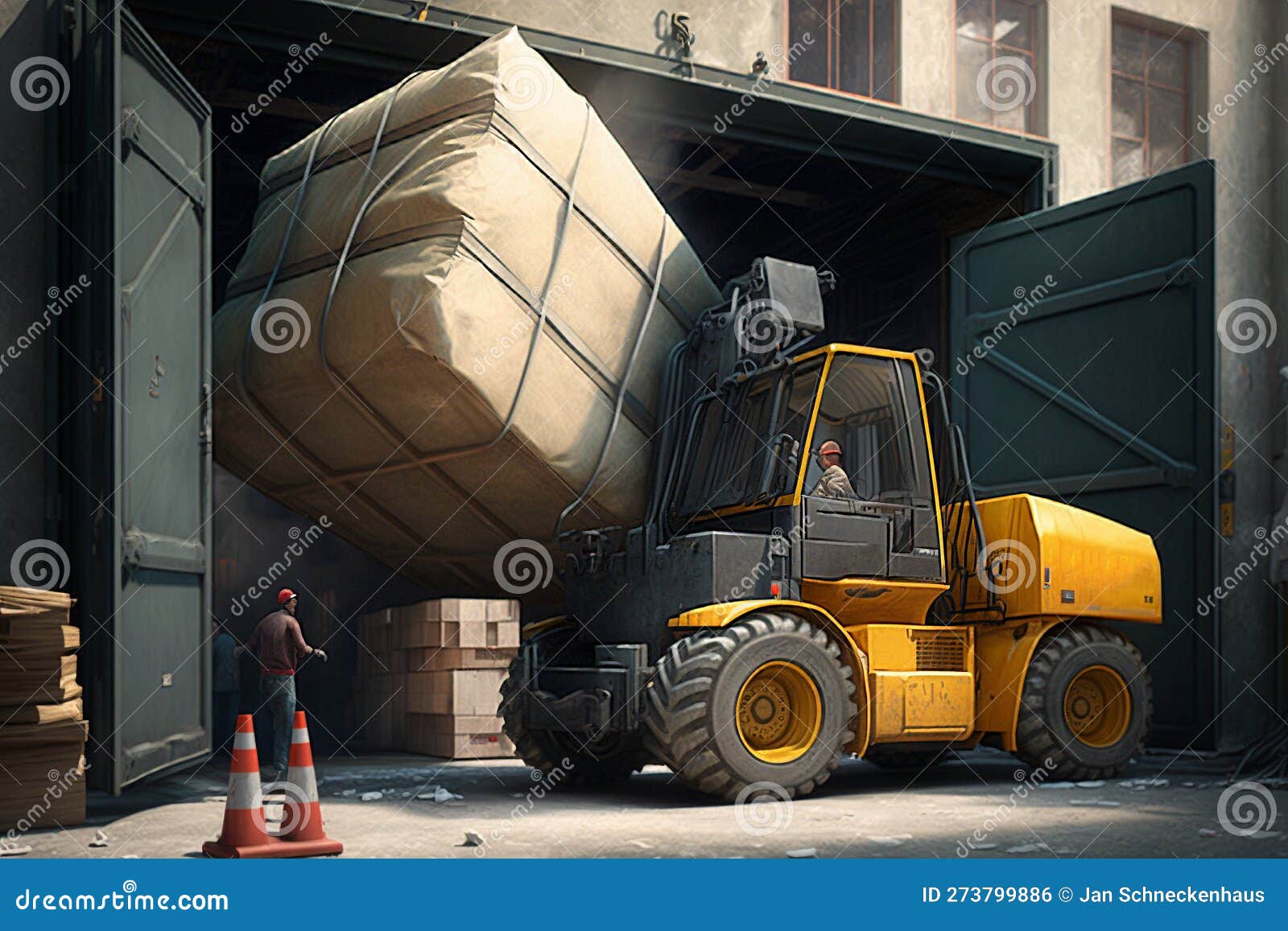 A Forklift Unloads a Container, Illustration. Stock Photo - Image of ...