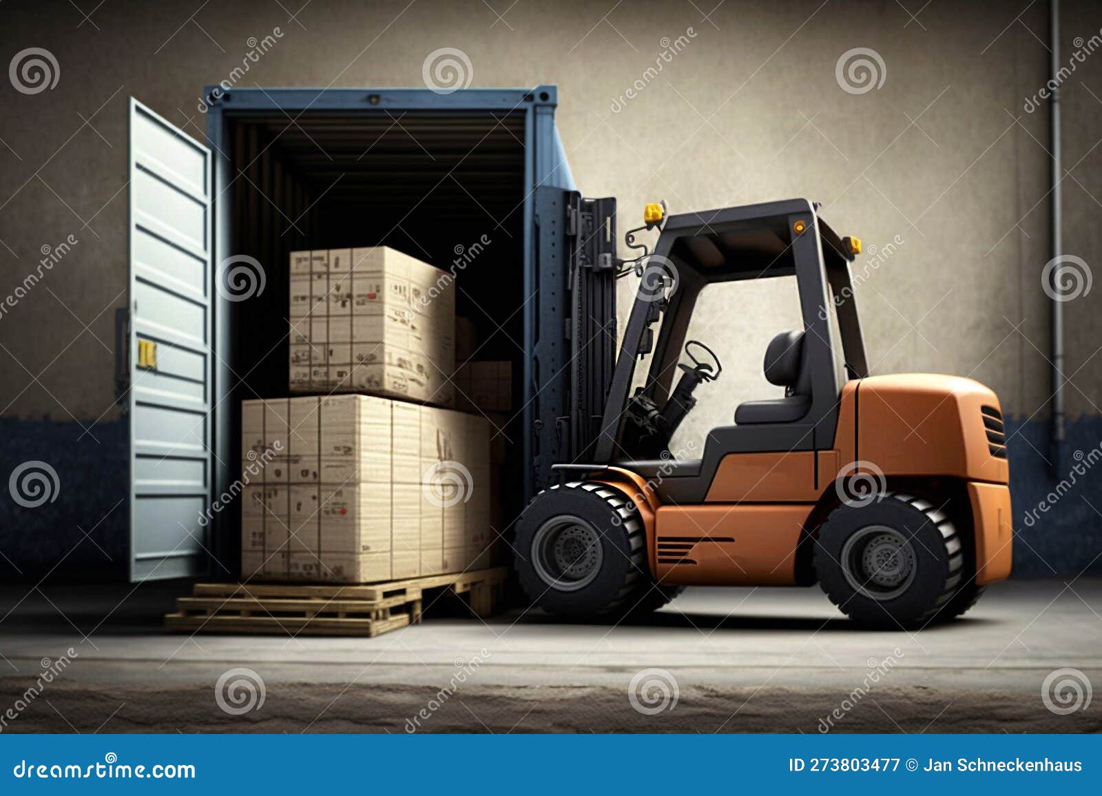 A Forklift Unloads a Container, Illustration. Stock Image - Image of ...
