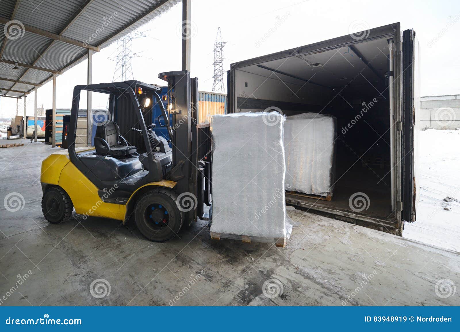 Forklift in Warehouse Loading Box into a Car Outdoors Stock Image ...