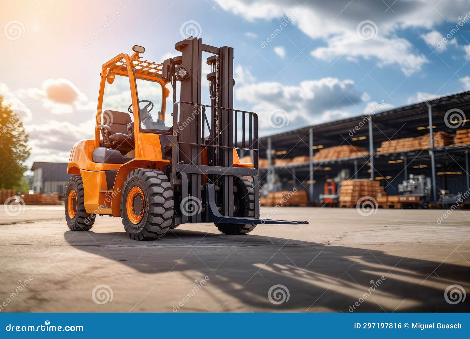 Warehouse, Outside View. Warehouse Facade, Trucks, Forklift, Stacks Of ...