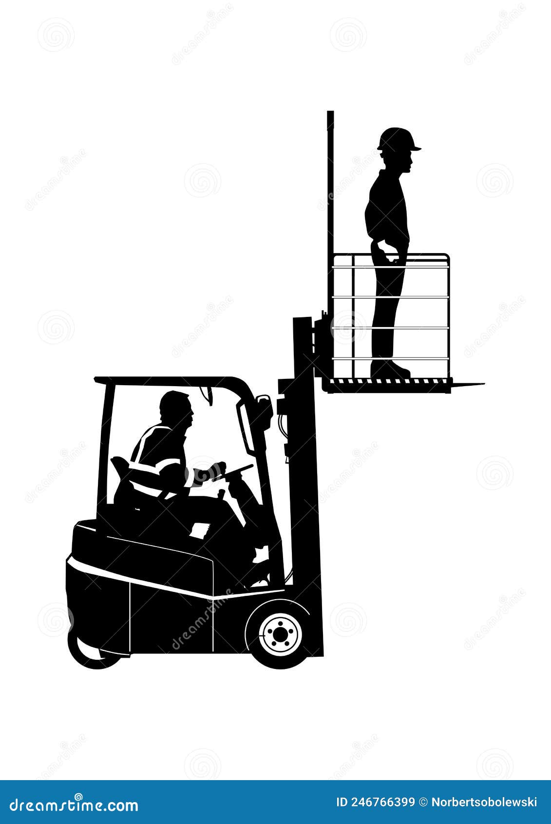 Forklift With Work Platform And Operators. Cartoon Vector ...