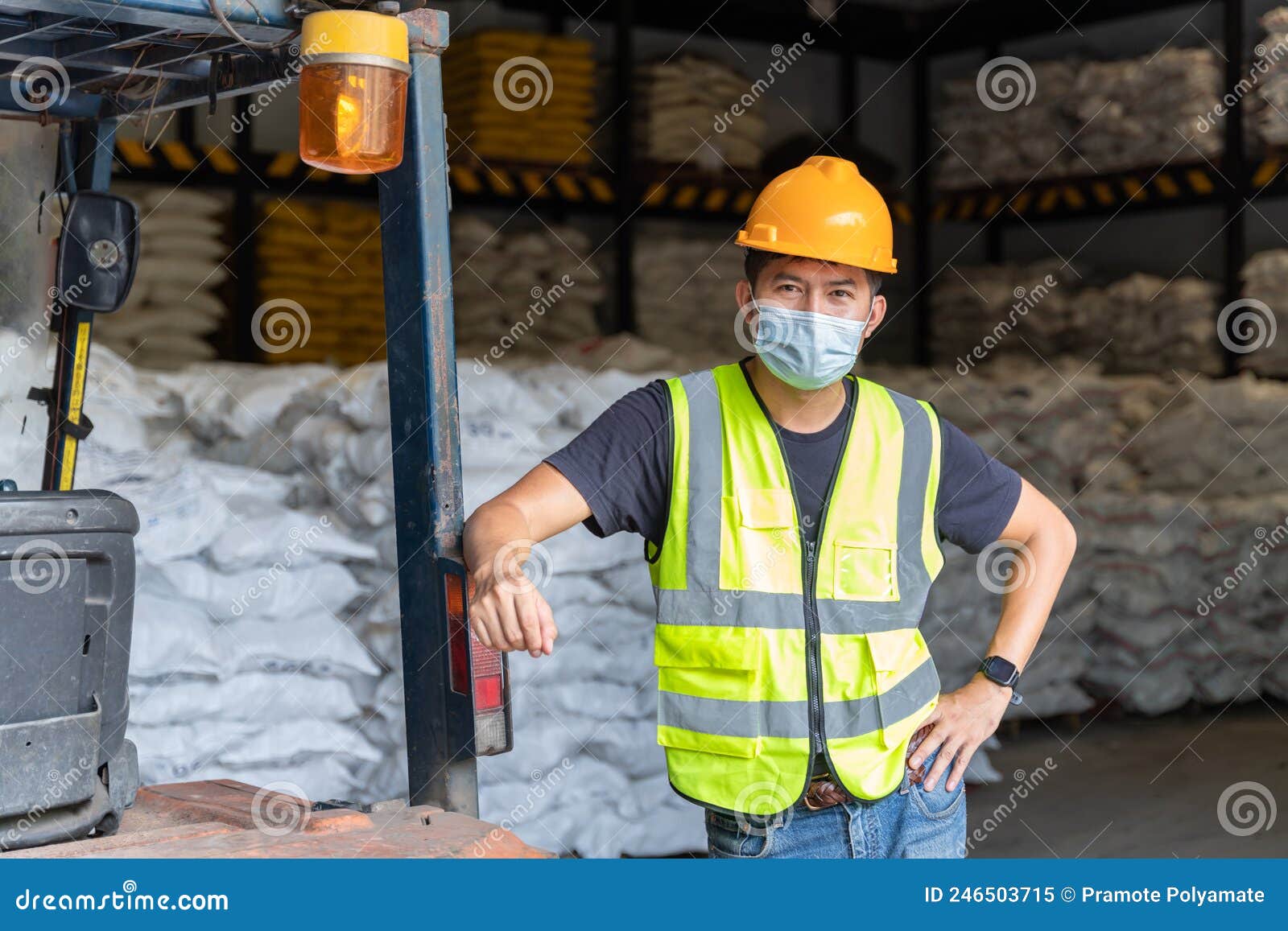 Forklift Workers Wear Protective Masks in Chemical Warehouse Stock ...