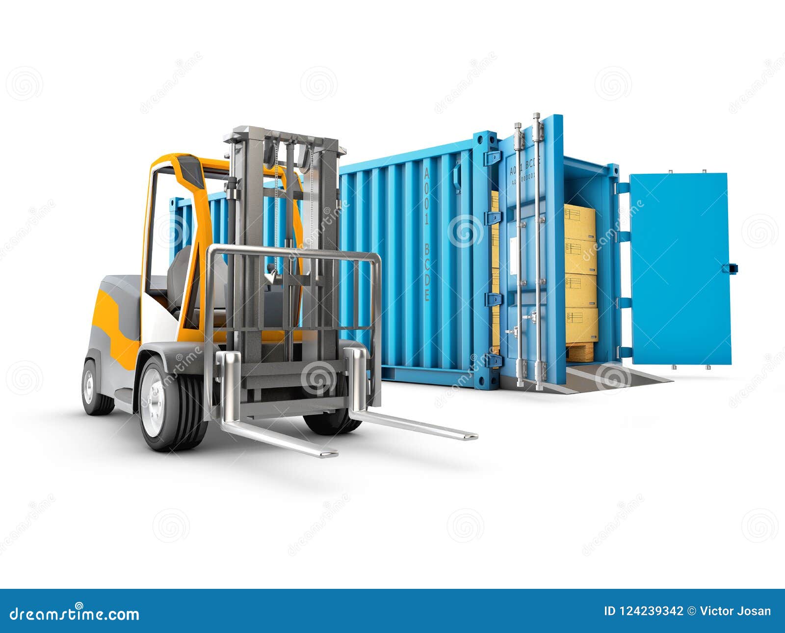 Forklift Working with Cargo Container and Product Carton Boxes, 3d ...