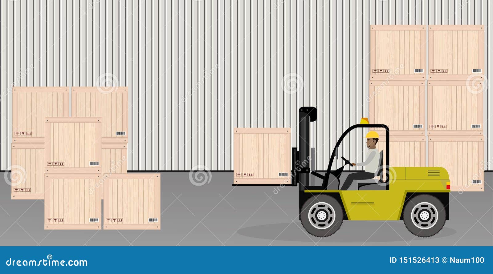 Forklift Working with Cargo Container and Product Wooden Boxes Stock ...