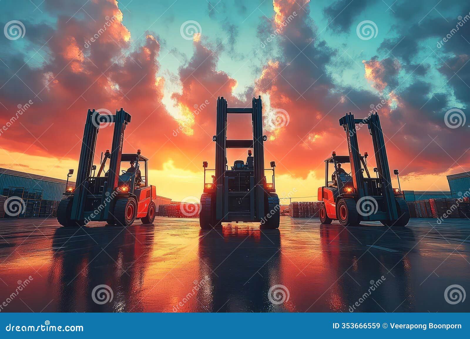 Forklifts Lined Up Under a Dramatic Sunset Sky, Showcasing Industrial Strength Stock ...