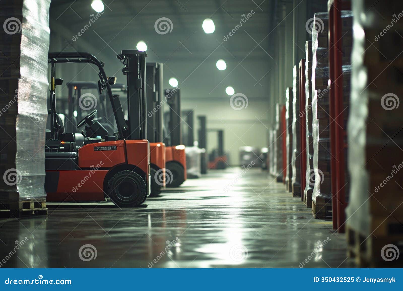 Forklifts are Organized in a Large Warehouse Preparing for Efficient ...