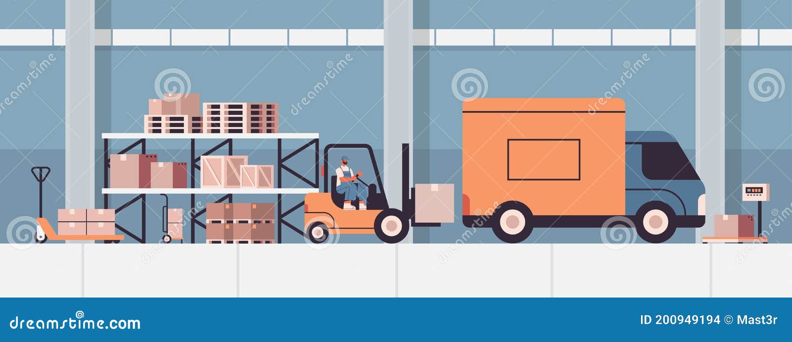 Concept Of Warehouse. Male Character Is Writing In Notebook. Storehouse ...