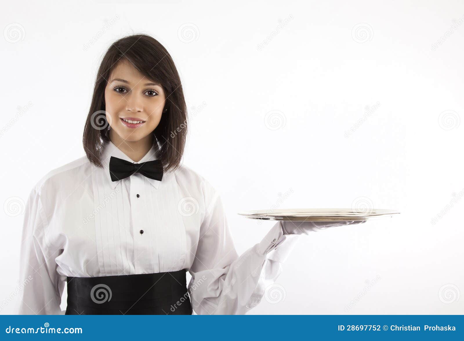 Formal Brunette Server with Silver Tray Stock Photo - Image of join ...