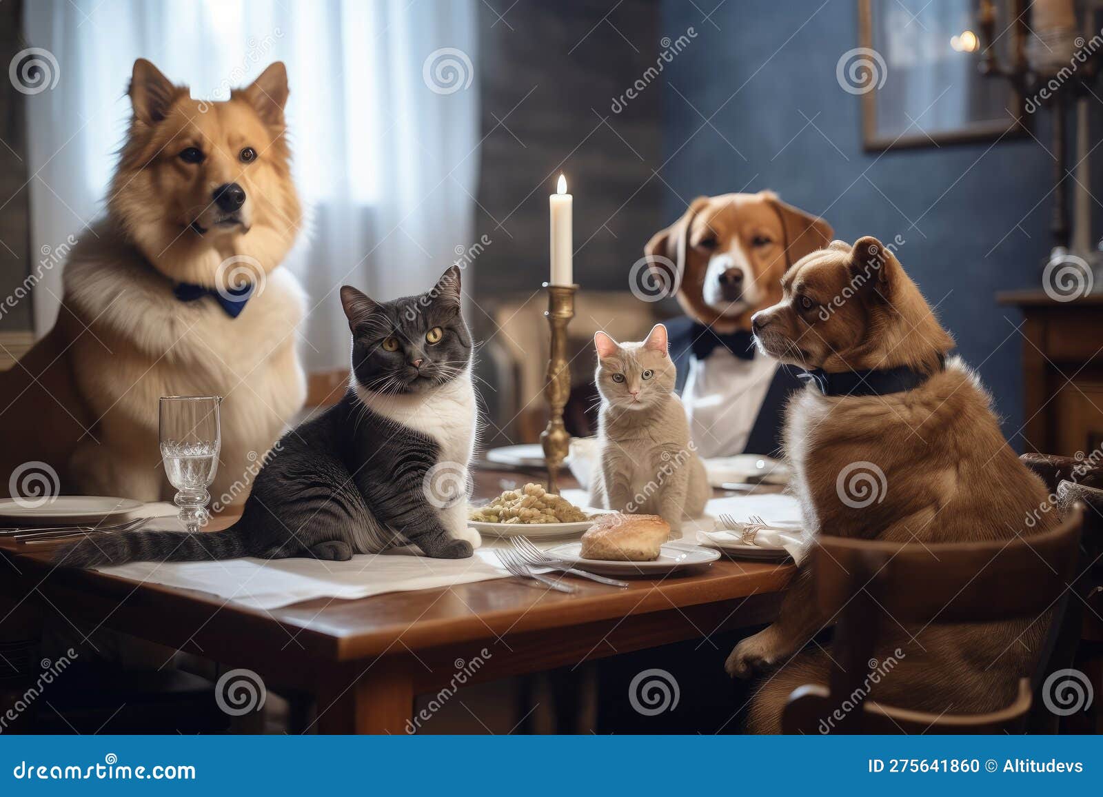 A Formal Dinner Party with a Cat and Dog Attending in Formal Attire ...