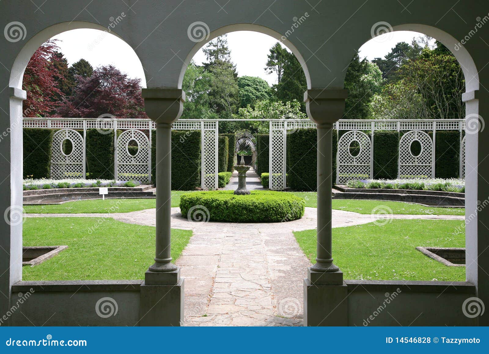 Formal Garden through Arched Windows Stock Photo - Image of trees ...