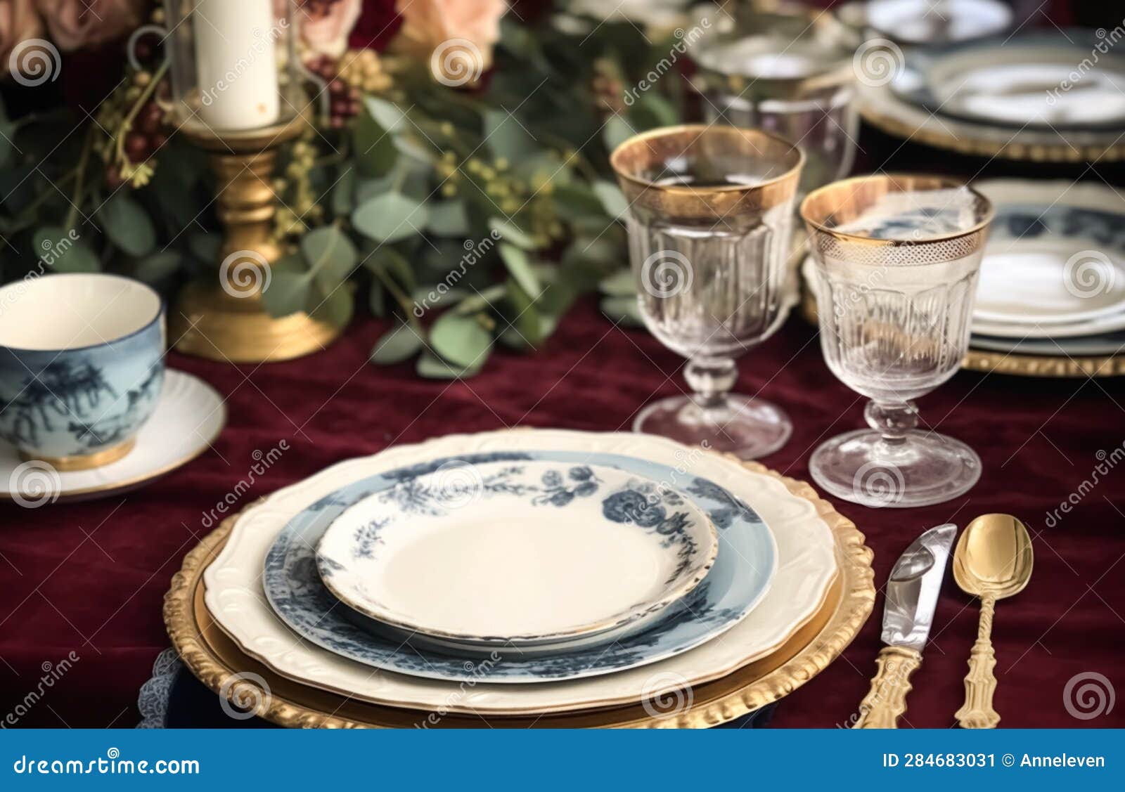 Formal Holiday Tablescape with Blue Decor, Dinner Table Setting, Table ...