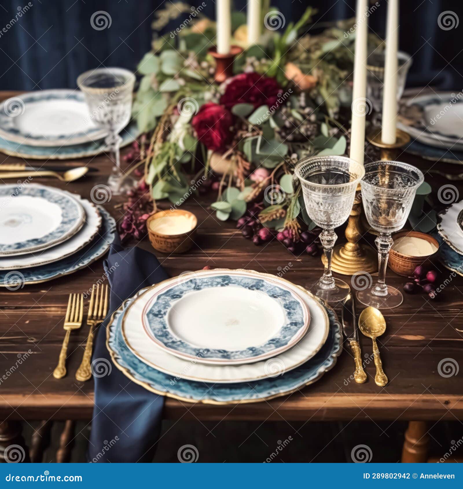 Formal Holiday Tablescape with Blue Decor, Dinner Table Setting, Table ...