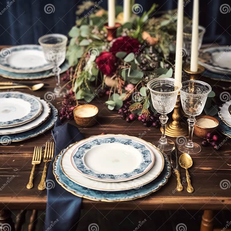 Formal Holiday Tablescape with Blue Decor, Dinner Table Setting, Table ...