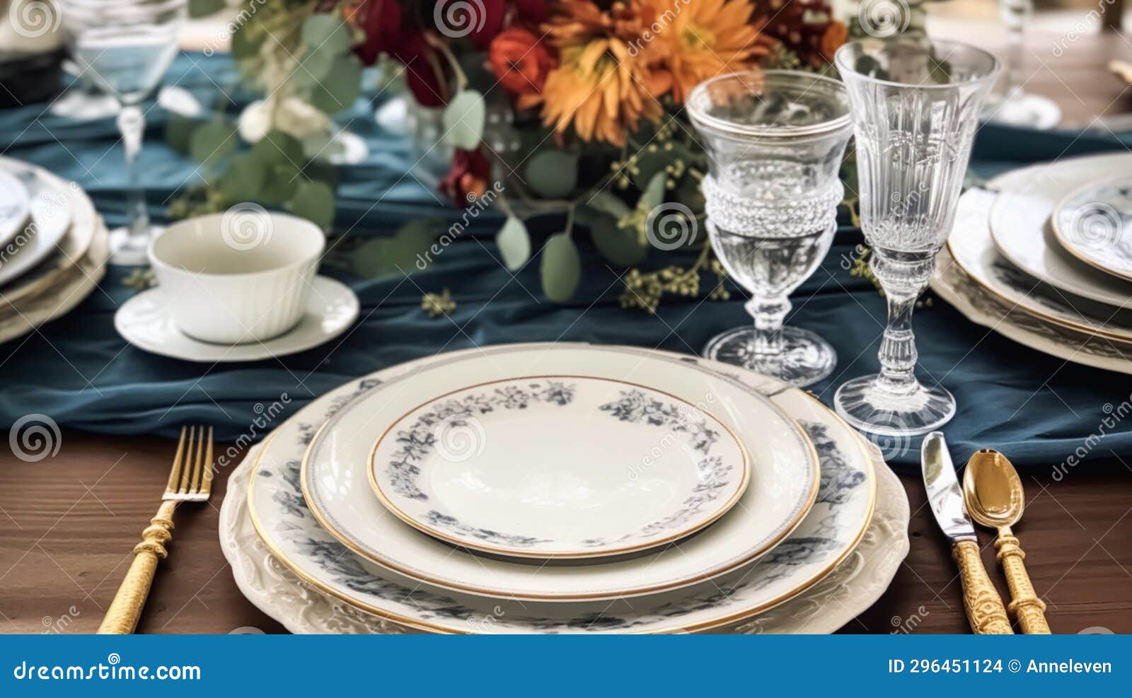 Formal Holiday Tablescape with Blue Decor, Dinner Table Setting, Table ...