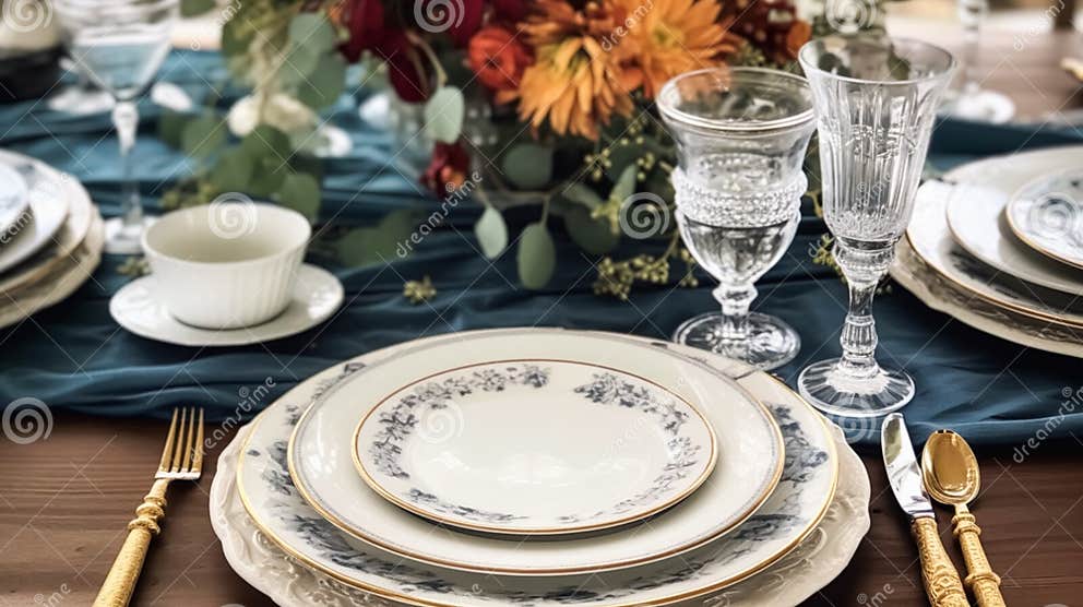 Formal Holiday Tablescape with Blue Decor, Dinner Table Setting, Table ...