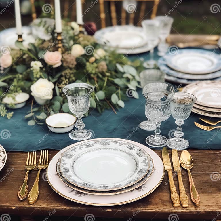 Formal Holiday Tablescape with Blue Decor, Dinner Table Setting, Table ...