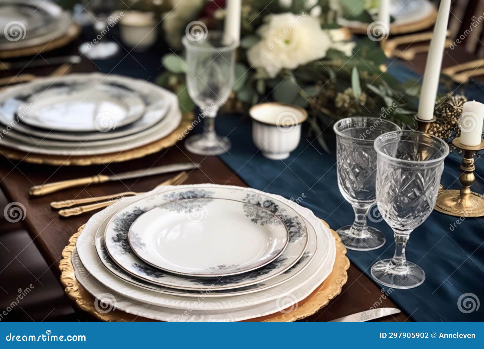 Formal Holiday Tablescape with Blue Decor, Dinner Table Setting, Table ...