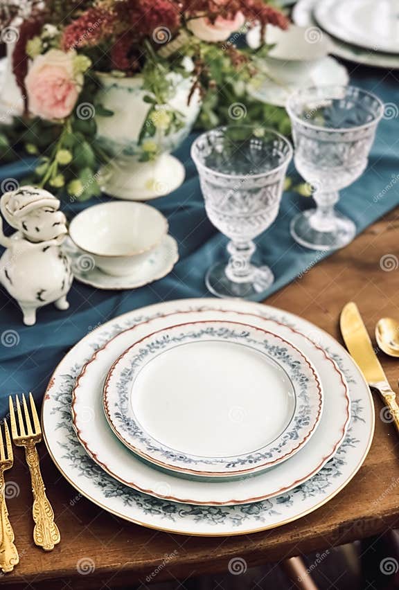 Formal Holiday Tablescape with Blue Decor, Dinner Table Setting, Table ...