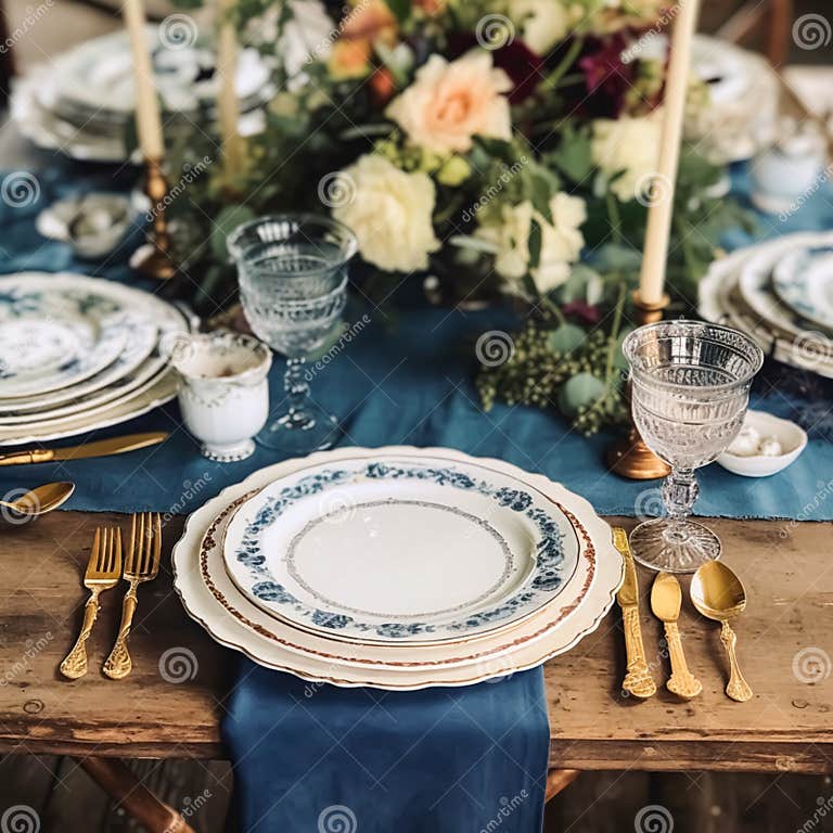 Formal Holiday Tablescape with Blue Decor, Dinner Table Setting, Table ...