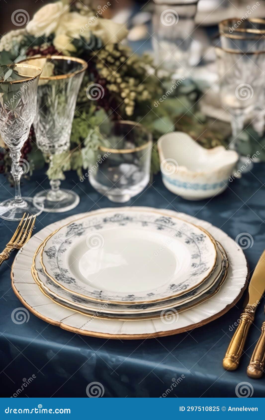 Formal Holiday Tablescape with Blue Decor, Dinner Table Setting, Table ...