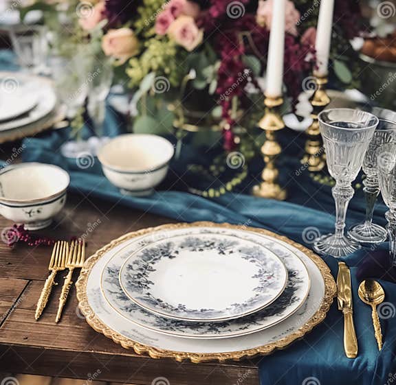 Formal Holiday Tablescape with Blue Decor, Dinner Table Setting, Table ...