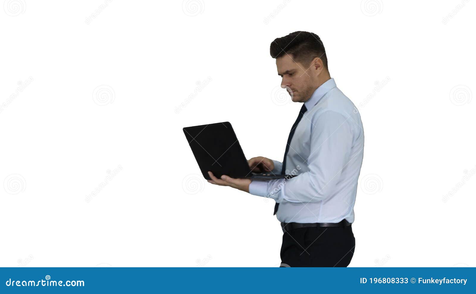 Formal Man Walking and Using Laptop on White Background. Stock Image ...