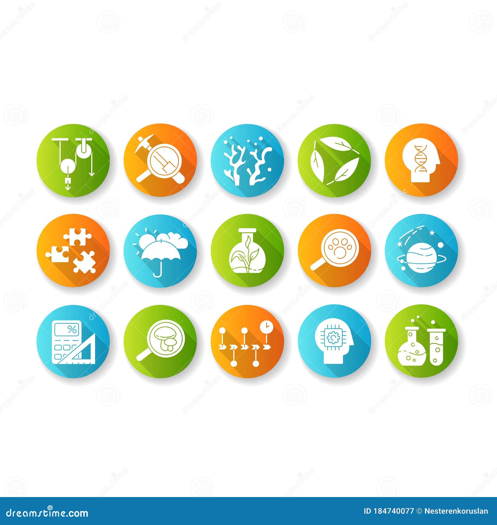 Formal and Pure Science Flat Design Long Shadow Glyph Icons Set Stock ...