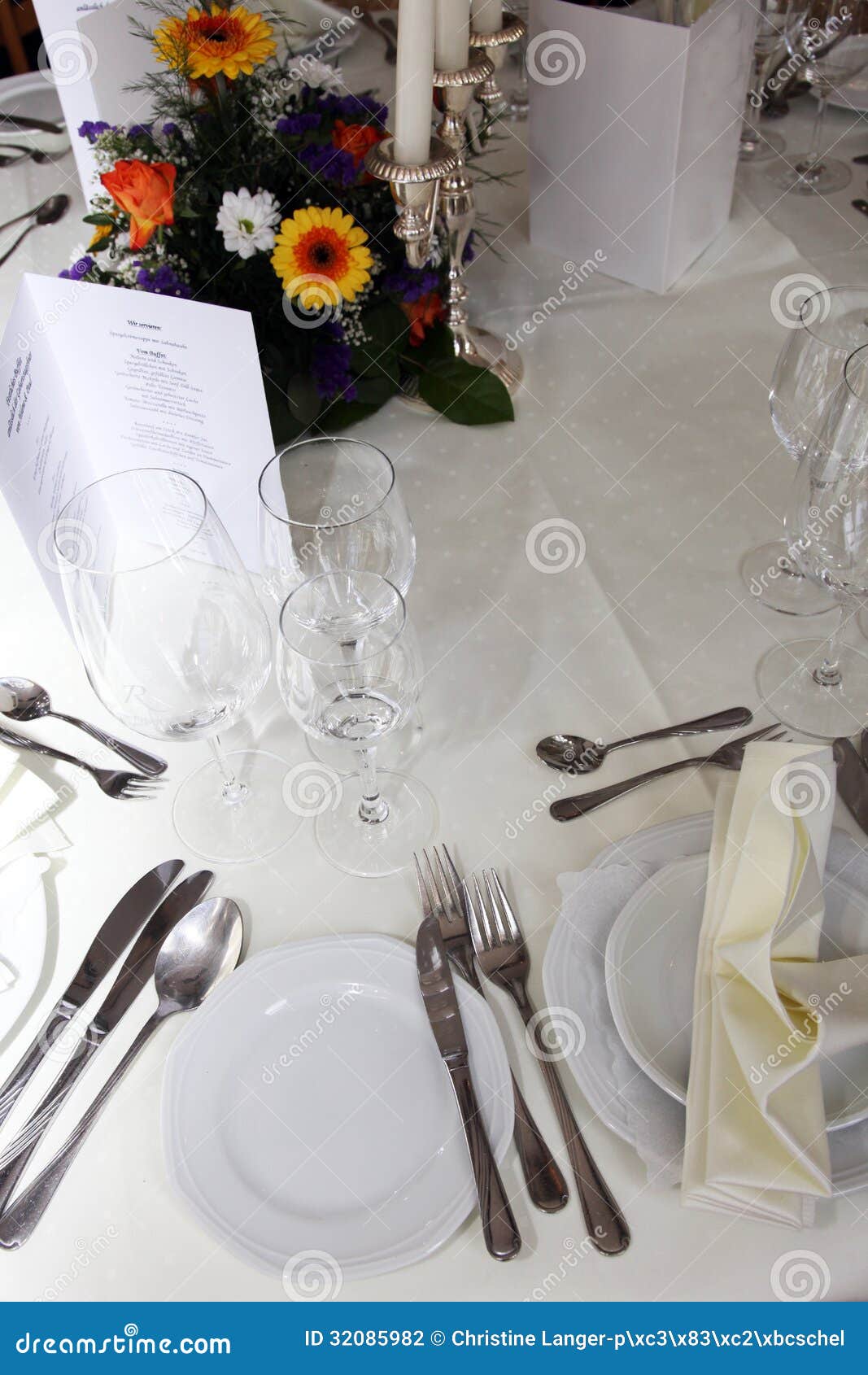 Formal table setting stock photo. Image of flowers, catered - 32085982