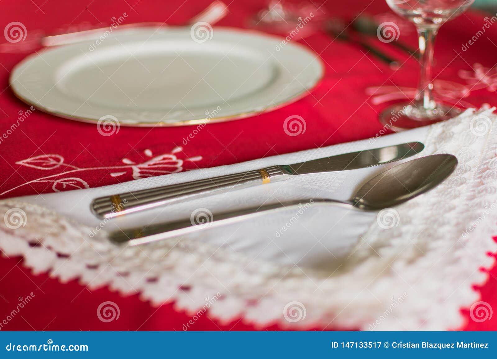 Formal Table Setting on Red Tablecloth. Luxury Cutlery Stock Image ...