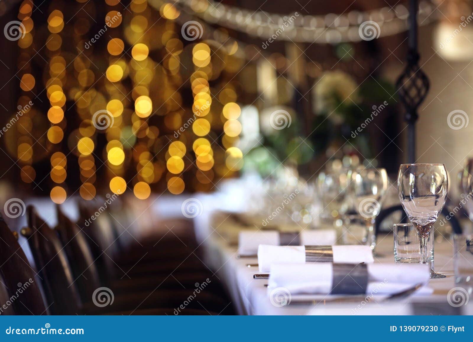 Formal Wedding Place Setting on Long Table Background Stock Photo ...