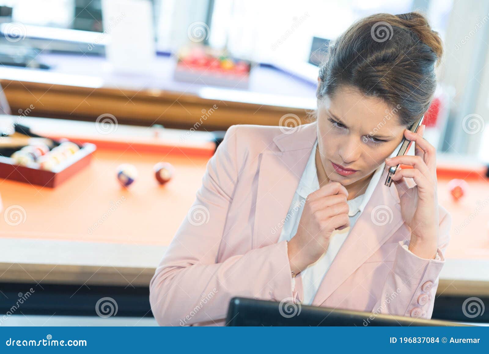 Formally Dressed Lady on Telephone Concerned Expression Stock Photo ...