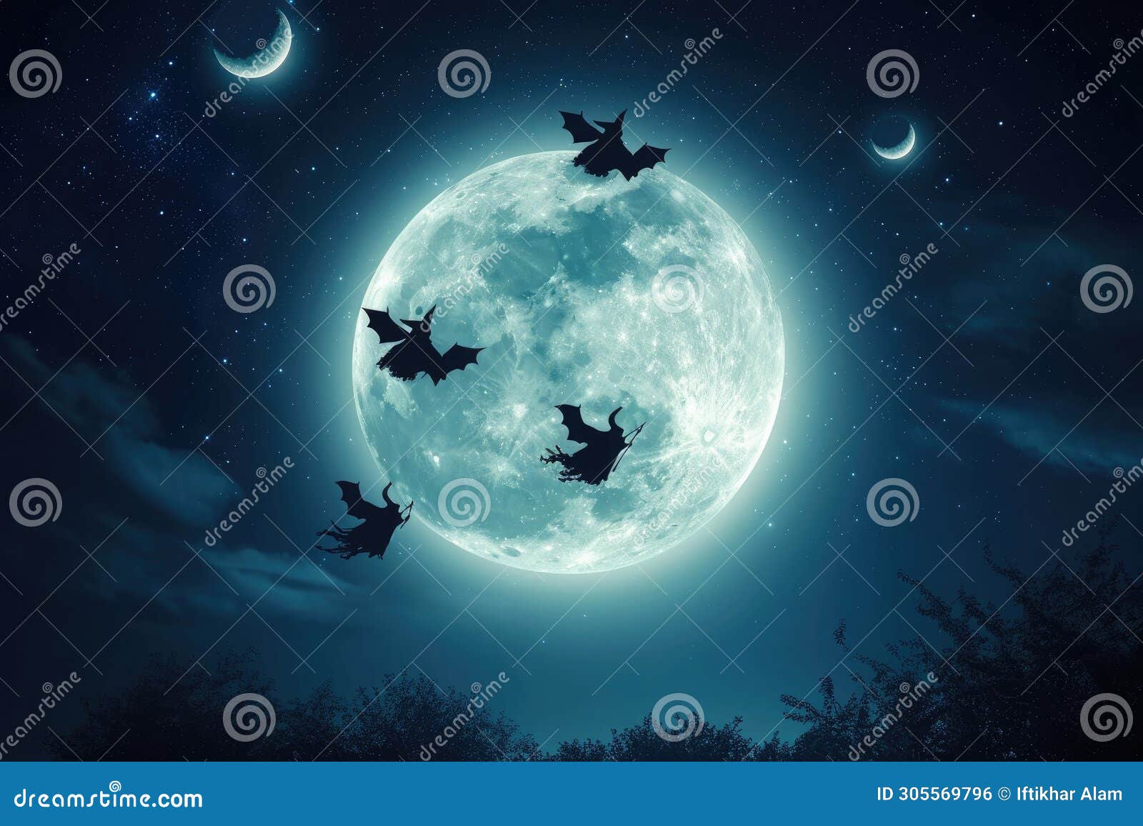 A Formation of Bats Gracefully Flying in Front of a Bright Full Moon ...