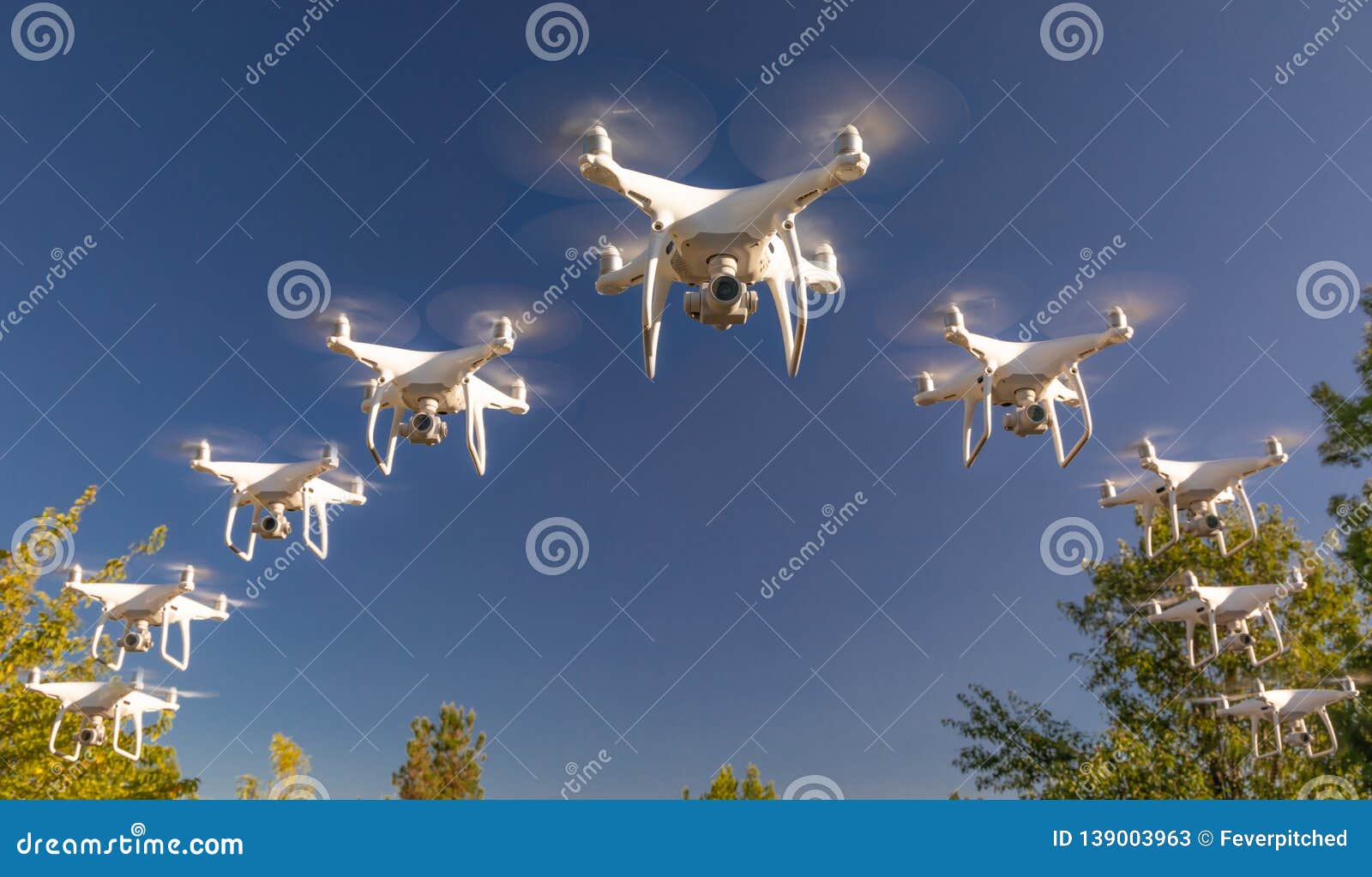 Formation of Drones Swarm in the Blue Sky Stock Image - Image of clear ...