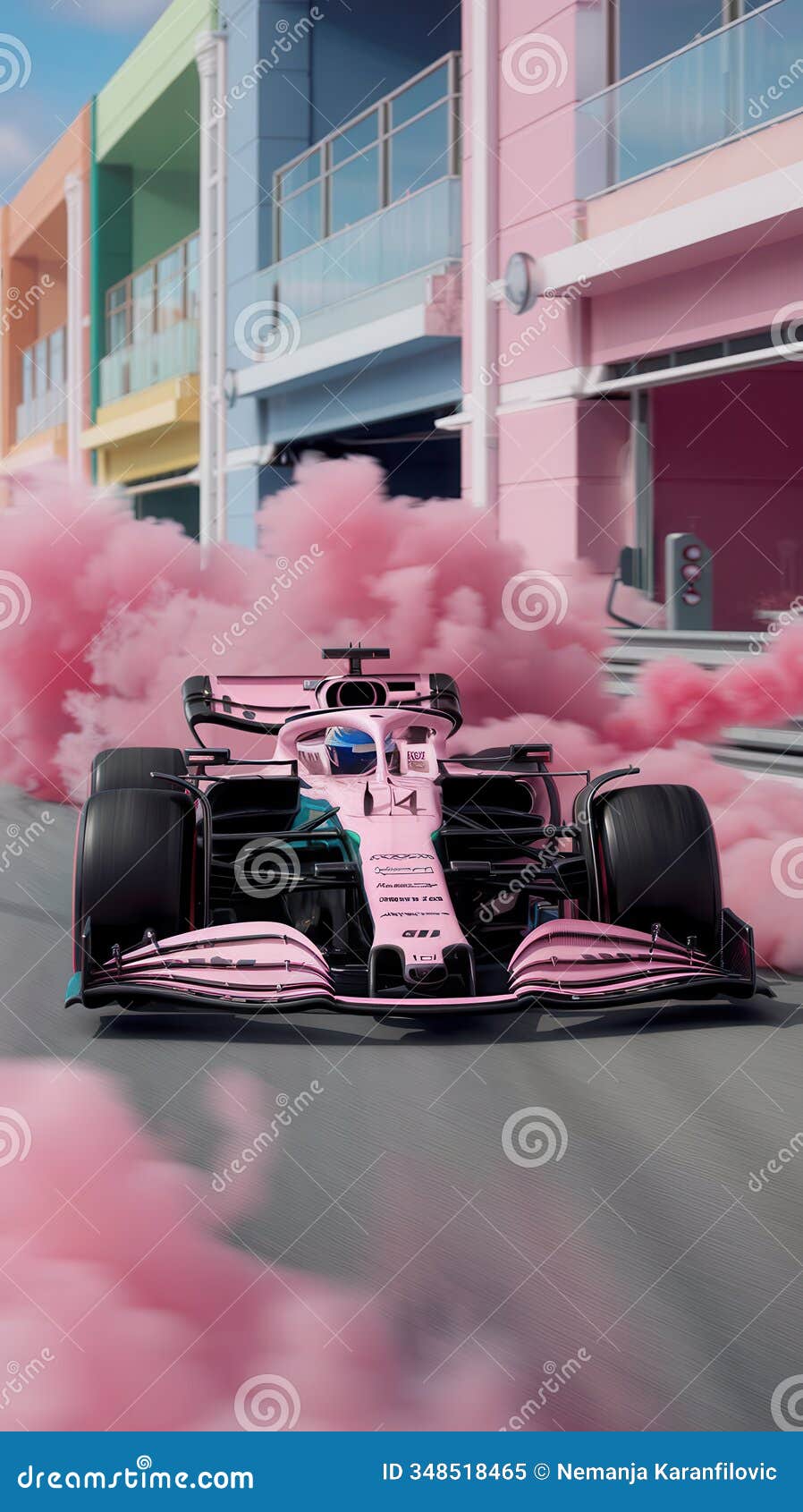 Formula 1 Car with Pink Smoke Racing on a Track Stock Illustration ...