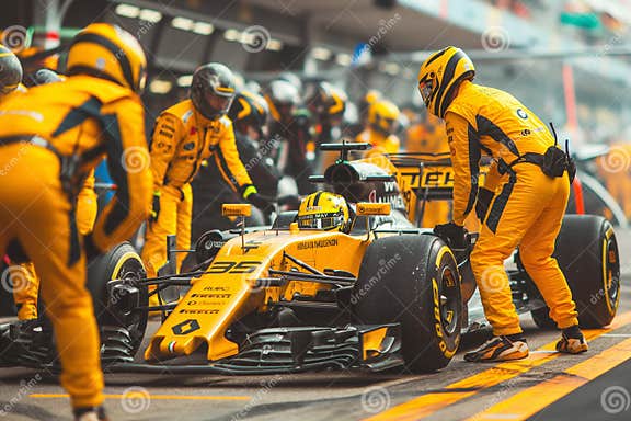 Formula 1 Car in Pit Stop Surrounded by Mechanics Stock Illustration ...