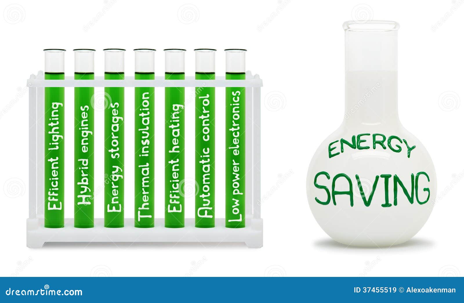 Formula of Energy Saving. Concept with Green and White Flasks Stock ...