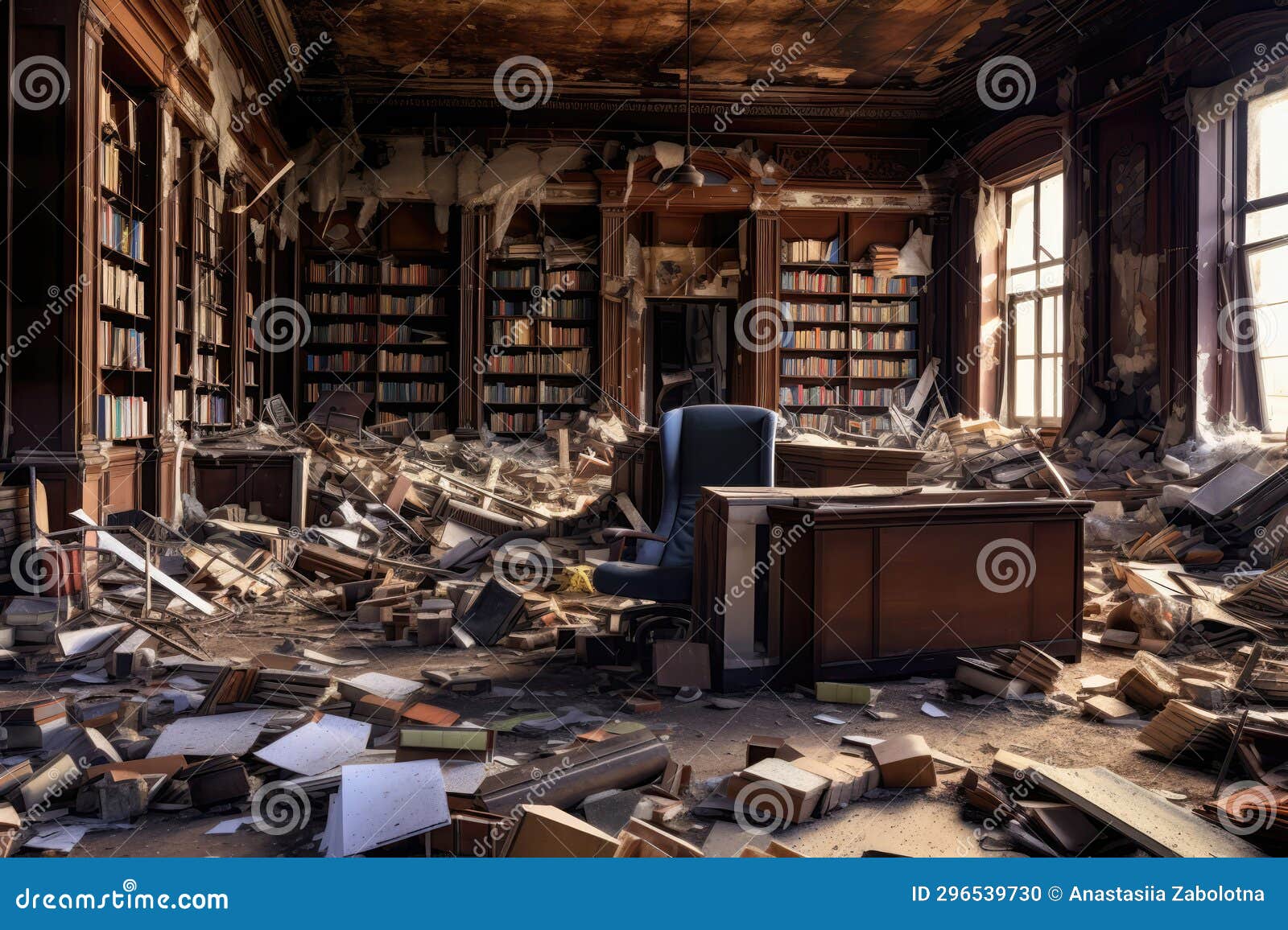 Forsaken, Vandalized Library with Torn Books Strewn Around. Generative ...