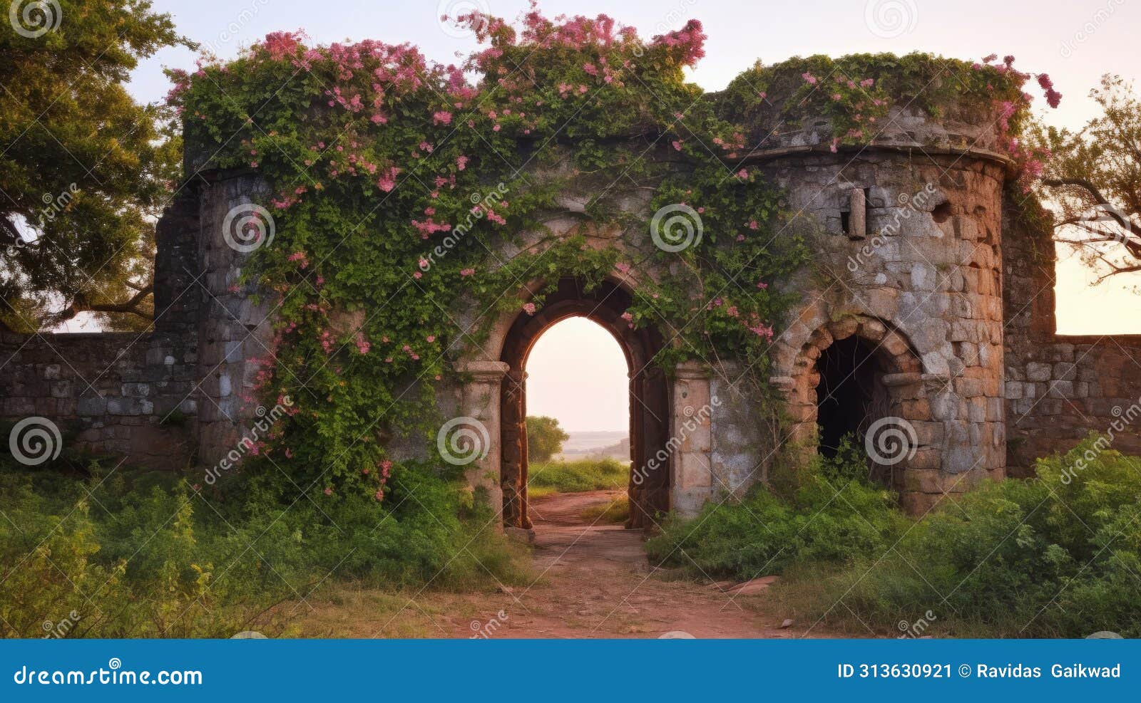 Fort Tower Entrance Covered in Dawns Light and Vegetation Stock ...