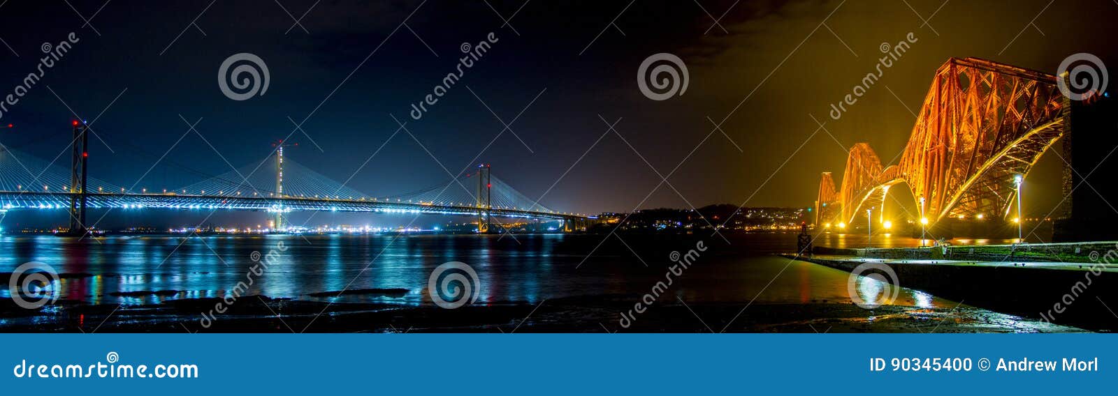 Forth Rail Bridge and Queensferry Crossing at Night Stock Photo - Image ...